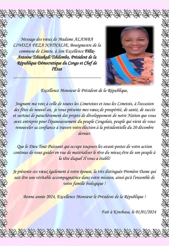 Vœux de nouvel an : Nathalie ALAMBA, bourgmestre de LIMETE à Kinshasa ...